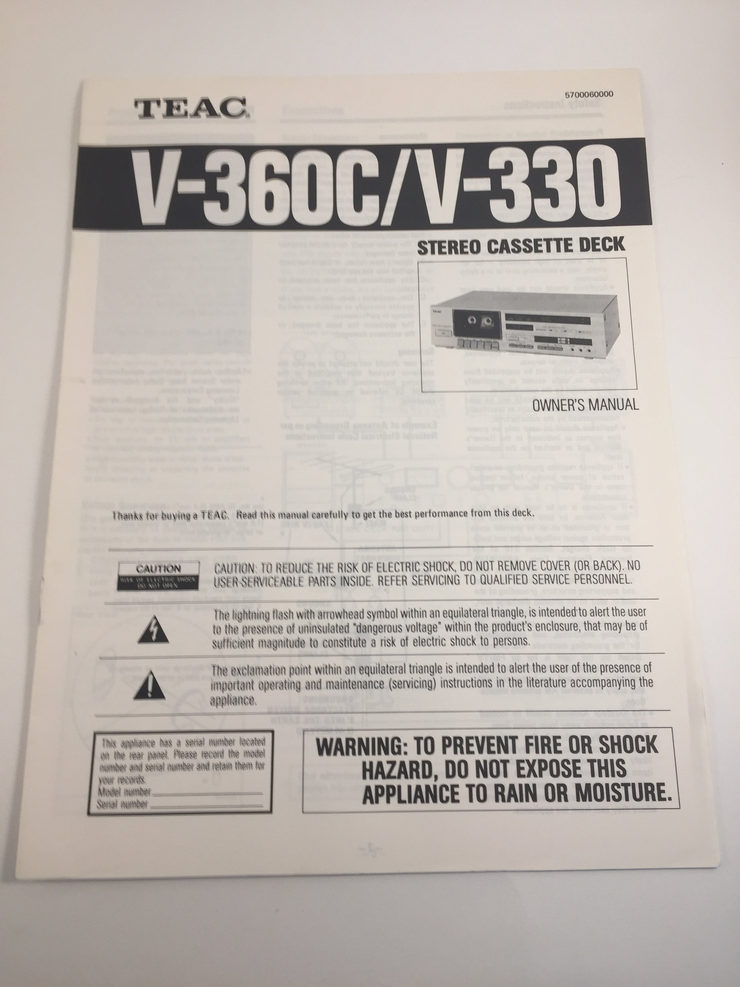 Teac V-360C/V-330 Stereo Casssette Deck Owner's Manual – Tascam Ninja