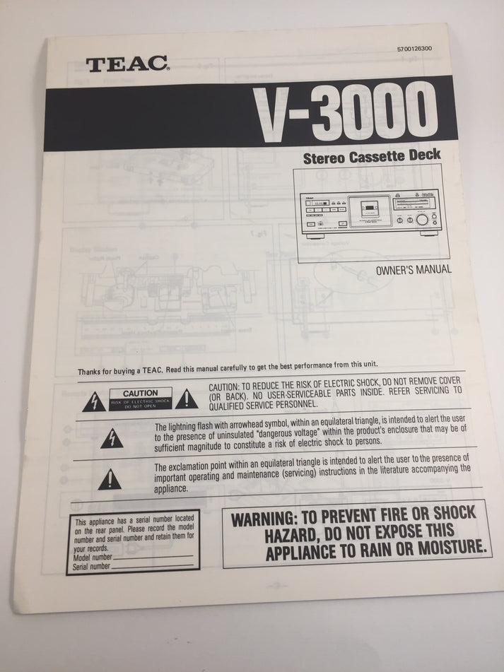 Teac V-3000 Stereo Cassette Deck Owner's Manual – Tascam Ninja